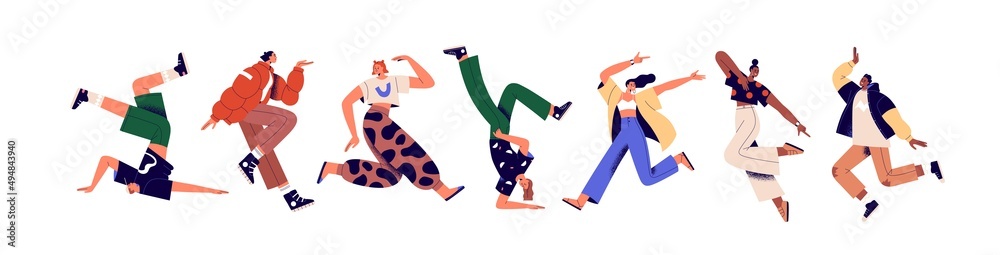 Happy young people jumping for fun and joy. Modern excited men and ...