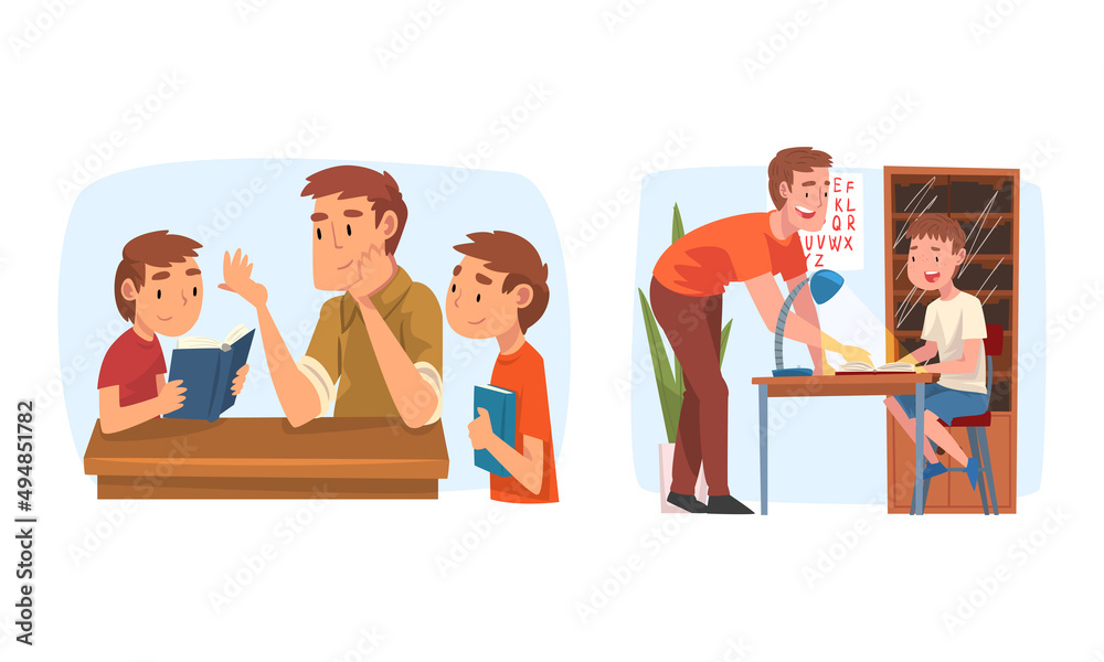 Cute children studying with parents at home together set. Fathers ...