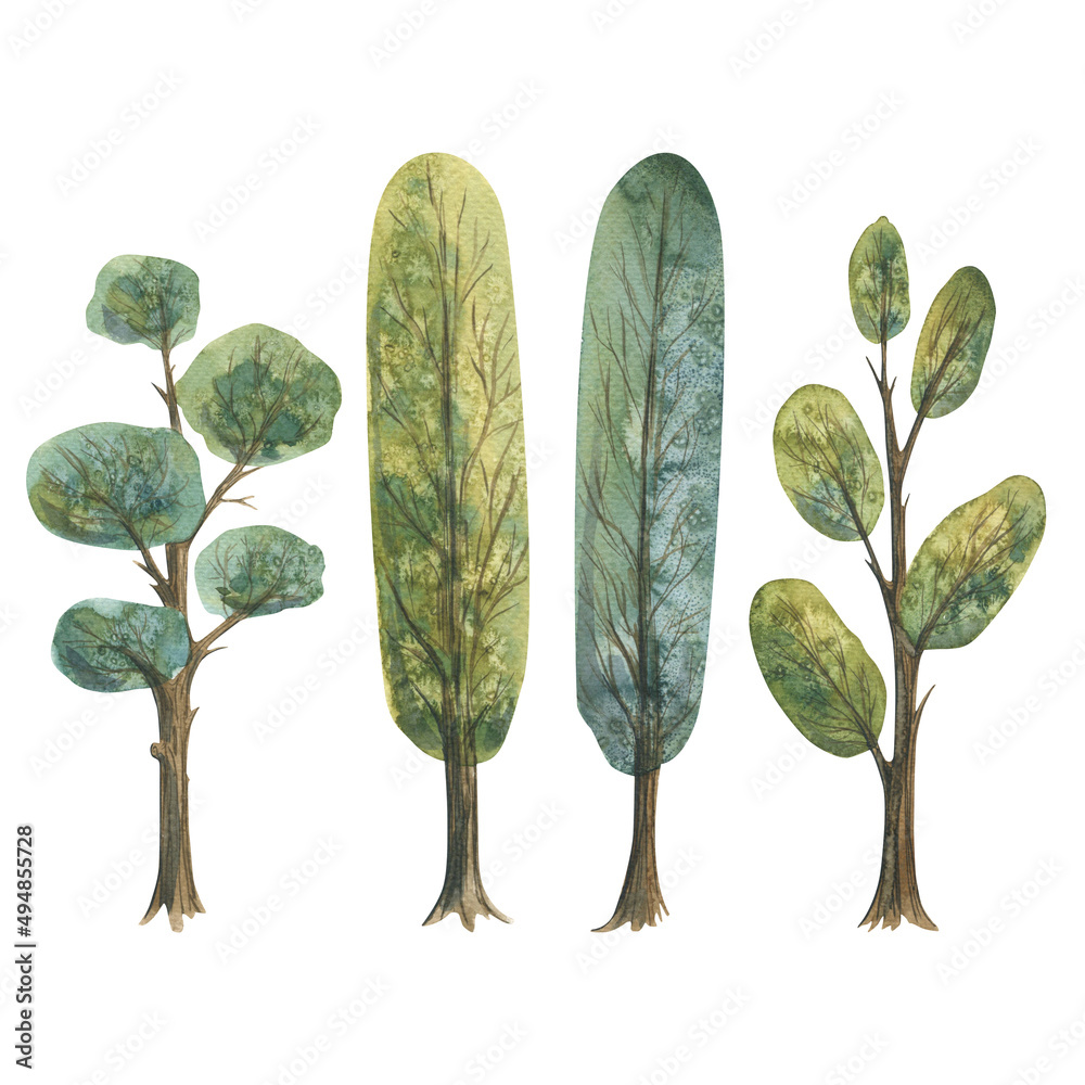 Watercolor illustration of a set of cute, cartoon trees. Summer, green ...