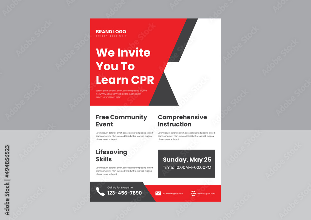 CPR and first aid training flyer poster template. CPR training course ...