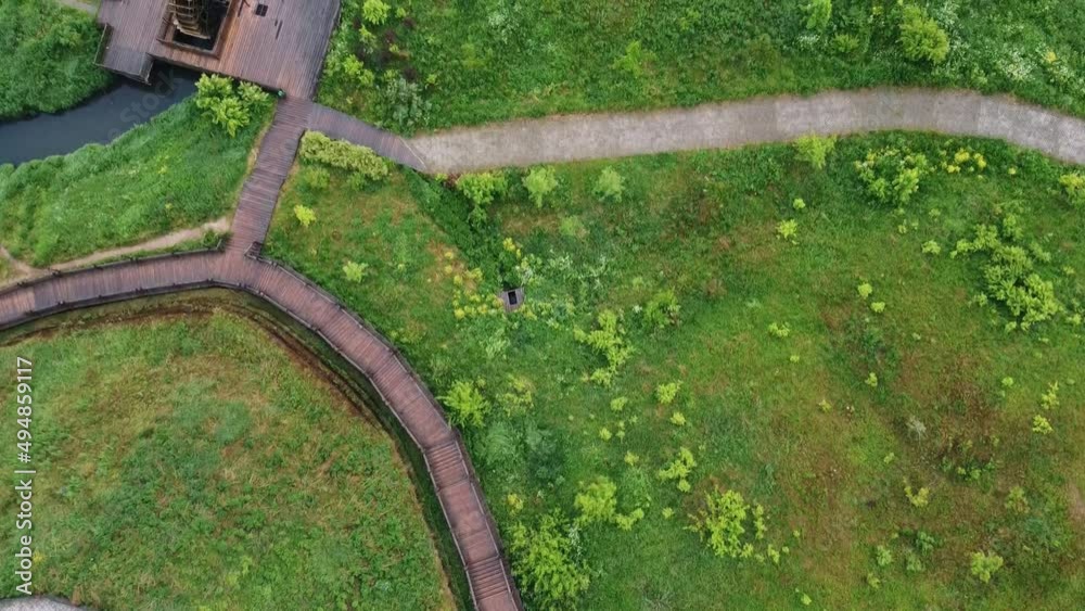 Water wheel and watermill on a small river. Top view from a drone Stock ...