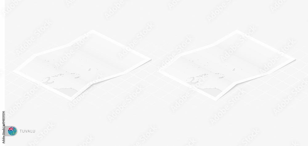 Set of two realistic map of Tuvalu with shadow. The flag and map of Tuvalu in isometric style ...