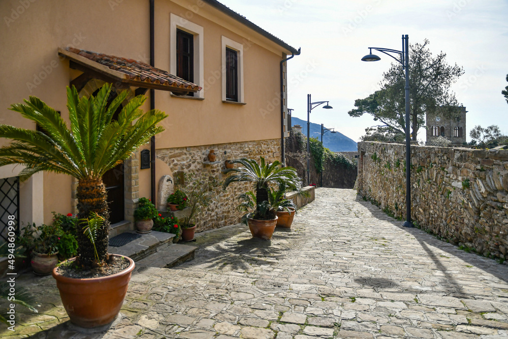 Street among the old stone houses of Castellabate, a medieval town in ...