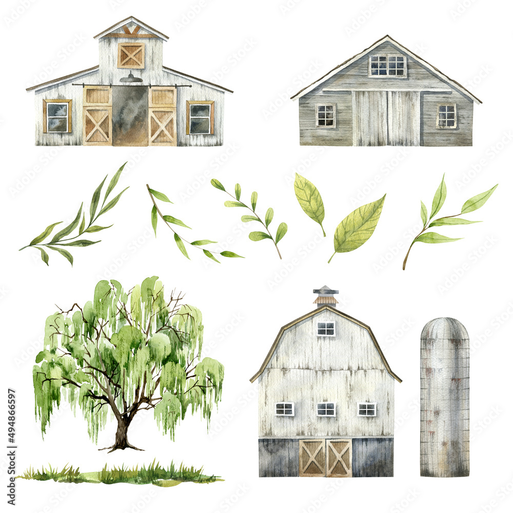Hand painted watercolor illustration Farmhouse, rural landscape, Willow ...