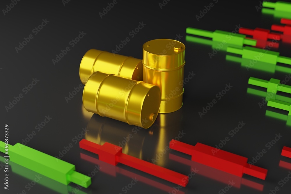 Two black barrels of oil on the chart of growth and fall with ...