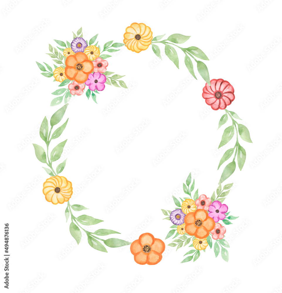 Watercolor bright flowers wreath clipart, bouquet frame, greenery ...