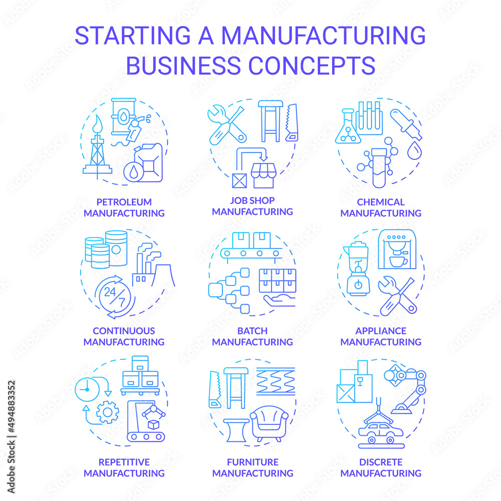 Starting manufacturing business blue gradient concept icons set. Goods ...