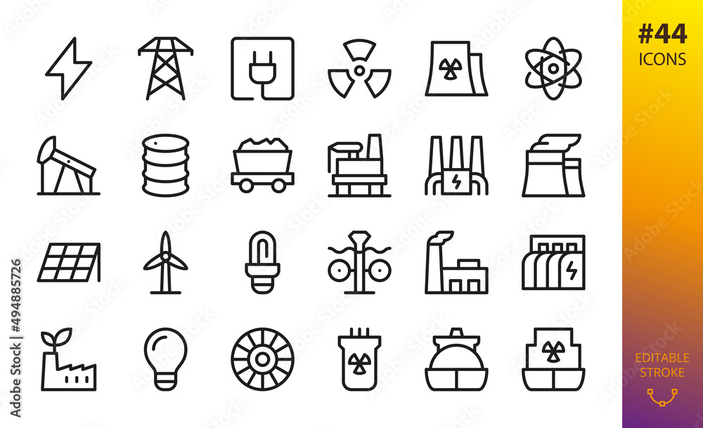 Energy and Power Generation isolated icons set. Set of nuclear power ...