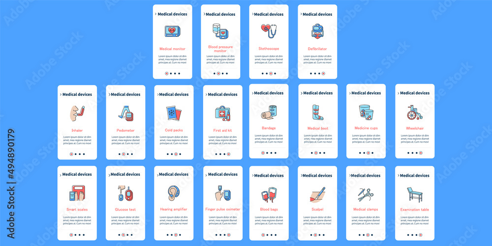 Medical devices onboarding mobile app screens. Treatment steps menu ...