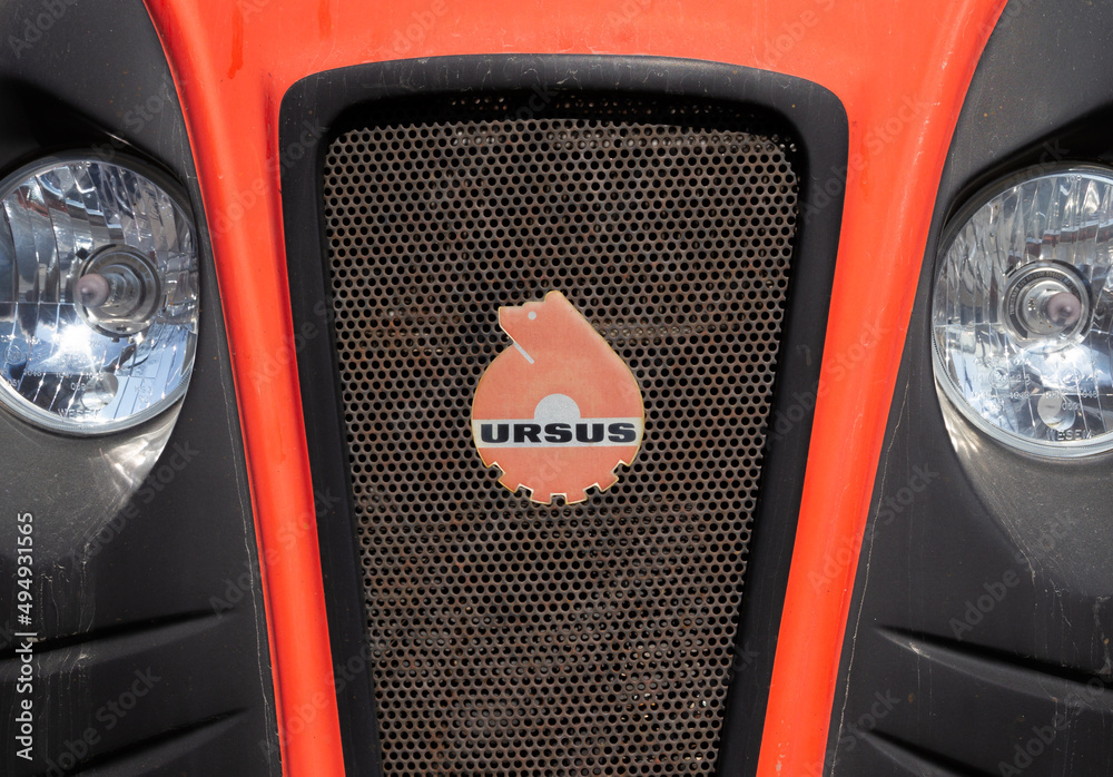 Ursus logo on a front grill of tractor or ciągnik. Polish company ...