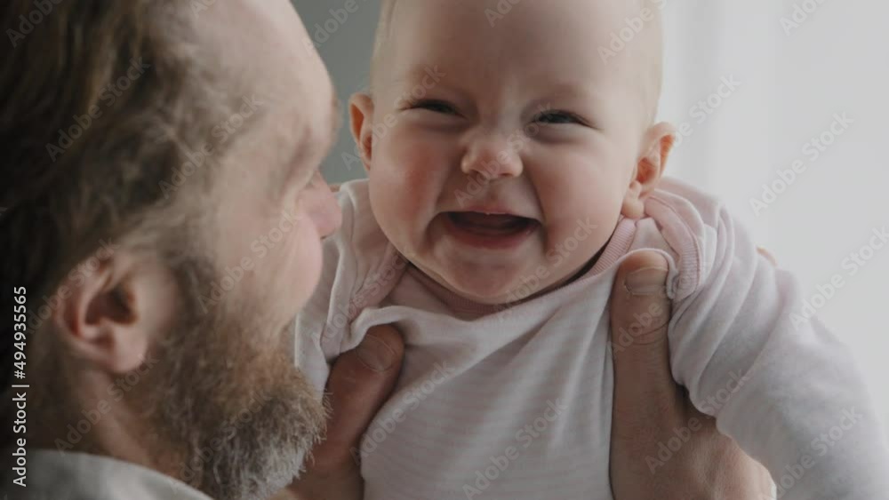 Portrait of happy caucasian baby girl newborn carefree child smiles ...