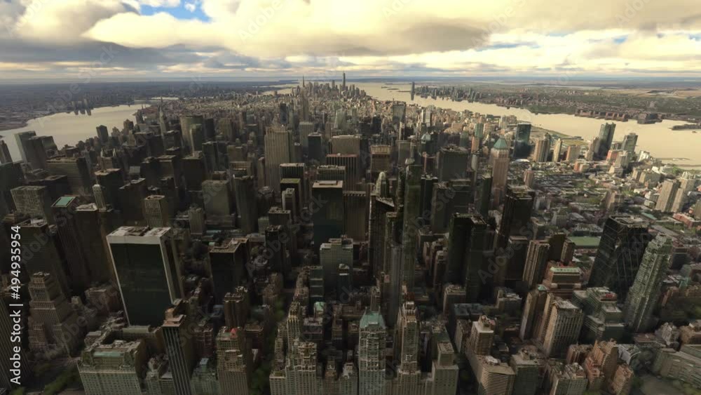 Aerial birds eye view of Manhattan known regionally as The City is the ...