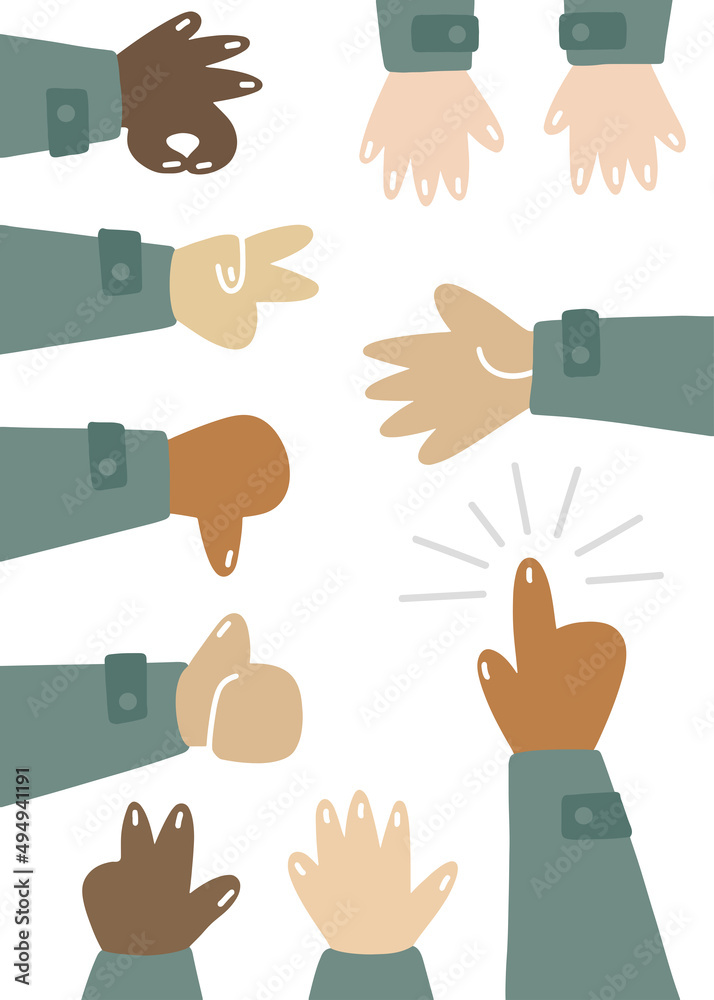 hand non verbal sign language set of cartoon style drawn human hands ...