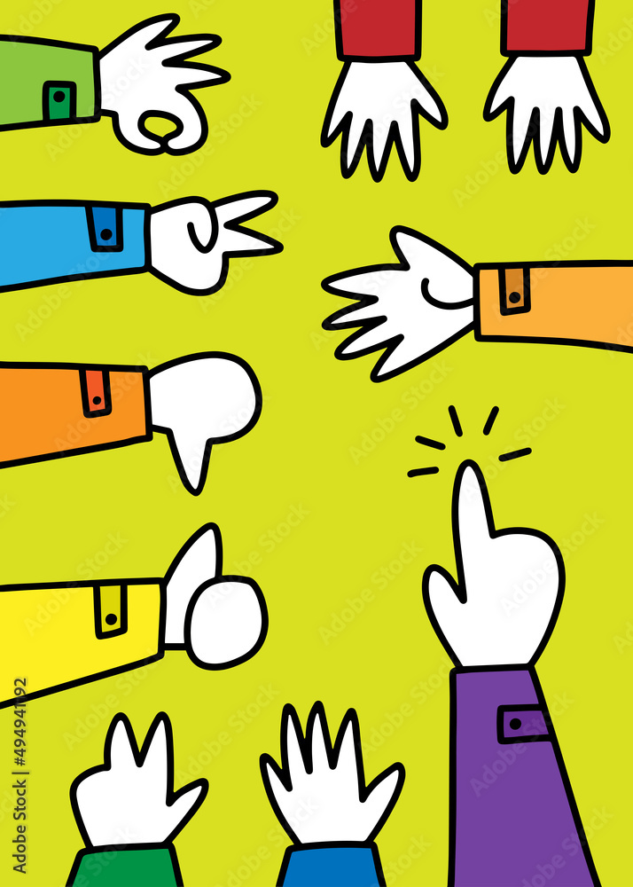 hand non verbal sign language set of cartoon style drawn human hands ...