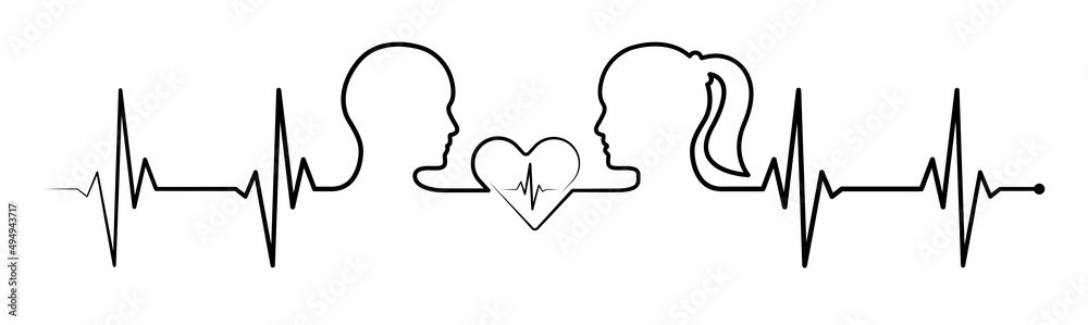 Cardio diagnosis line, heart, man, woman head, love couple line art ...