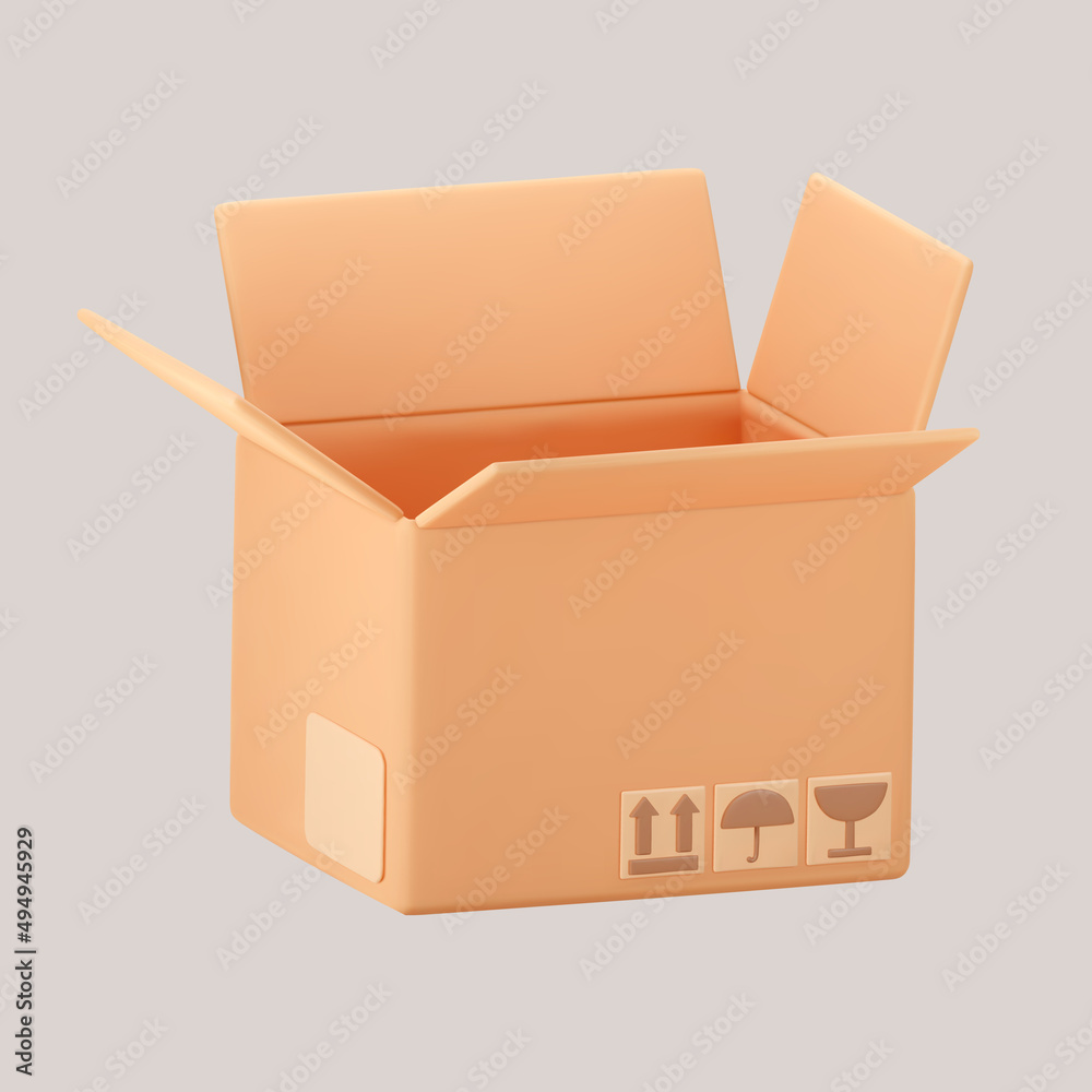 3D cardboard open box icon with symbols isolated on gray background ...