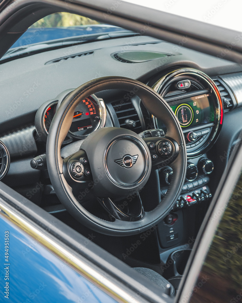 Mini Cooper interior view cockpit, steering wheel and buttons details ...