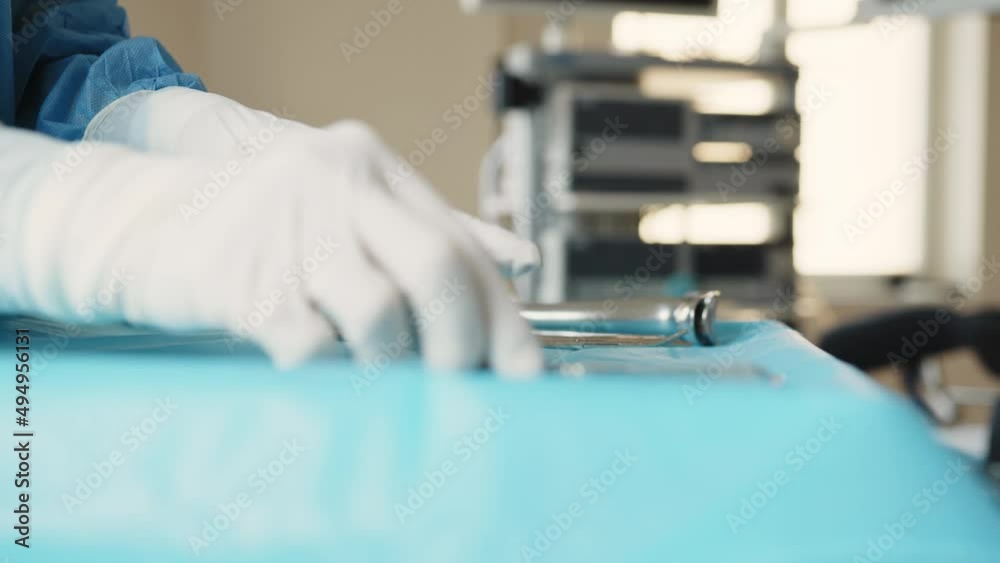 Surgery tools. Multiple surgery tools on a plate in operating room ...