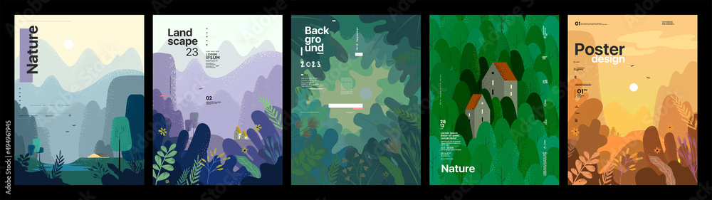 Nature and landscape. Set of vector illustrations. Pictures for posters ...