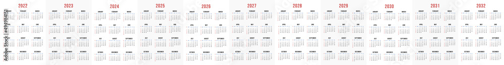Clean office calendar set for 2022 - 2032 years. Simple vector calendar ...
