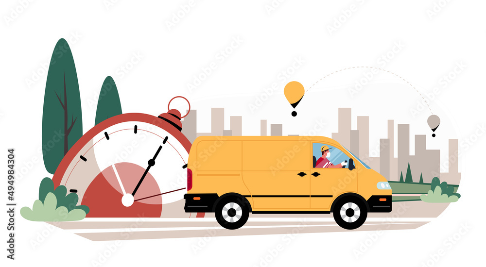 Express or fast delivery services and logistics. Yellow truck with man ...