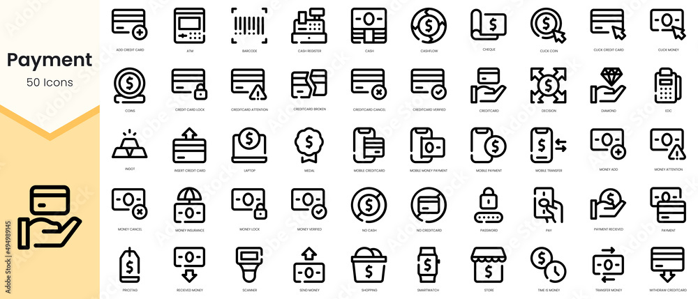 Set of payment icons. Simple line art style icons pack. Vector ...