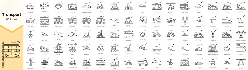 Set of transportation modern icons. Simple line art style icons pack ...