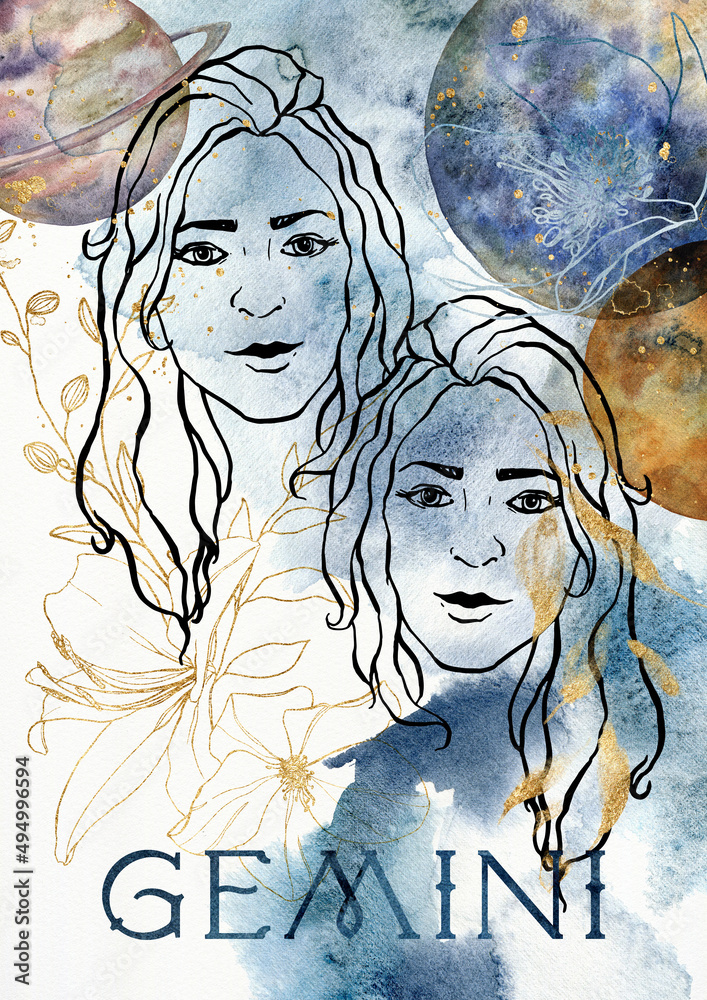 Watercolor poster of zodiak sign gemini. Hand painted abstract card ...