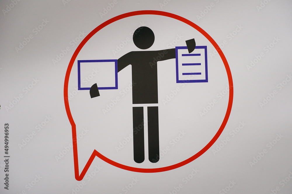 Pictogram of a guy comparing paper with a screen in a red conversation ...