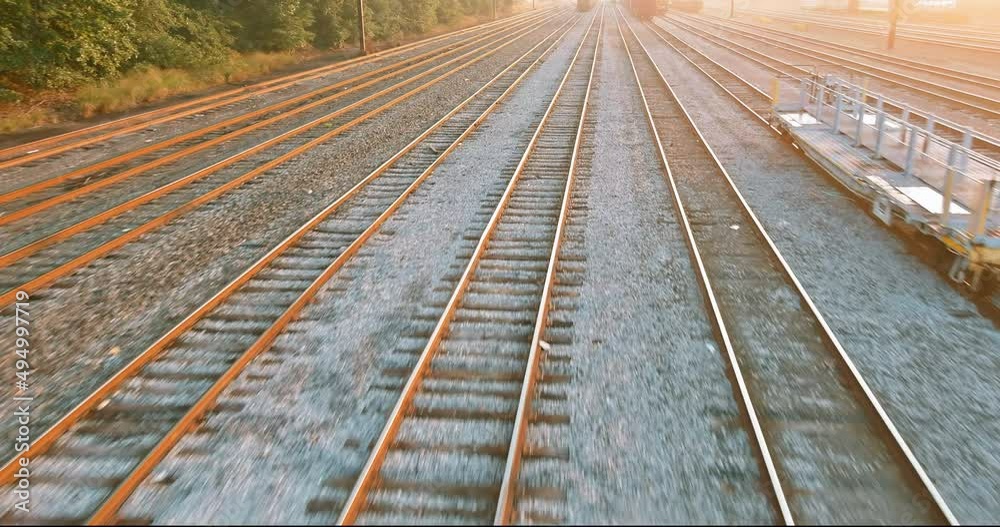 Railway point work railway tracks high-speed rail in motion at sunset ...