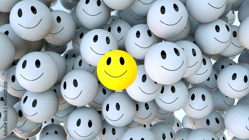 Many flying balls with sad faces and one smiling yellow ball. Social ...