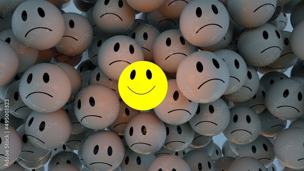 Many flying balls with sad faces and one smiling yellow ball. Social ...