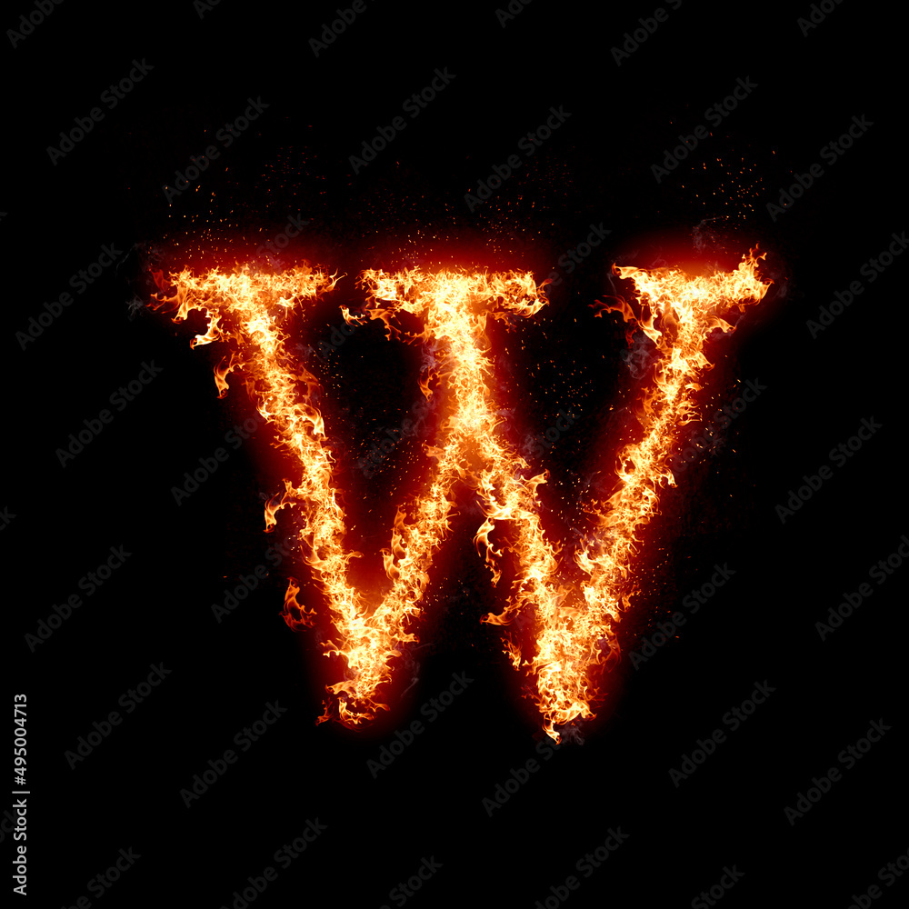 Letter w burning in fire, digital art isolated on black background, a ...