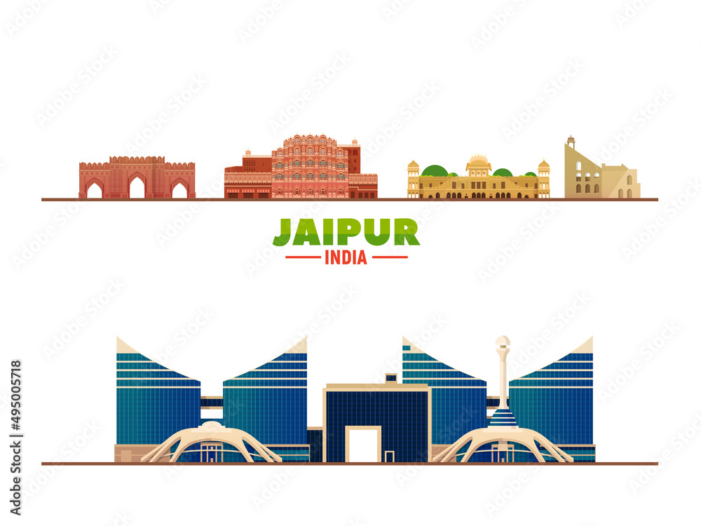 Jaipur India famous landmarks at white background. Flat vector ...