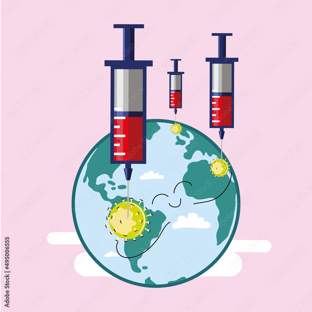 Happy earth globe being protected with vaccines Vaccination Vector ...