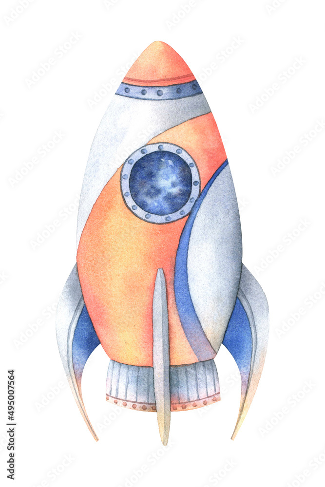 Rocket. Spaceship. Hand drawn watercolor illustration isolated on white ...