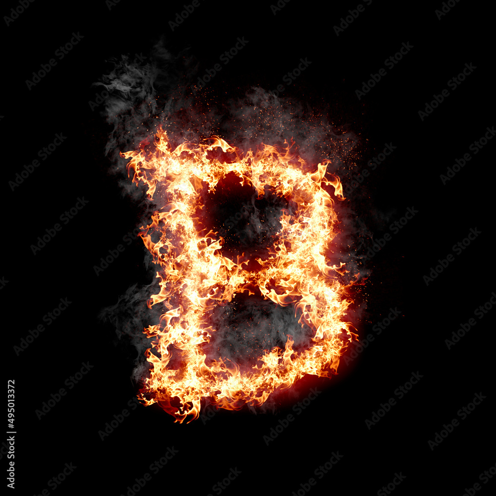 Letter B burning in fire with smoke, digital art isolated on black ...
