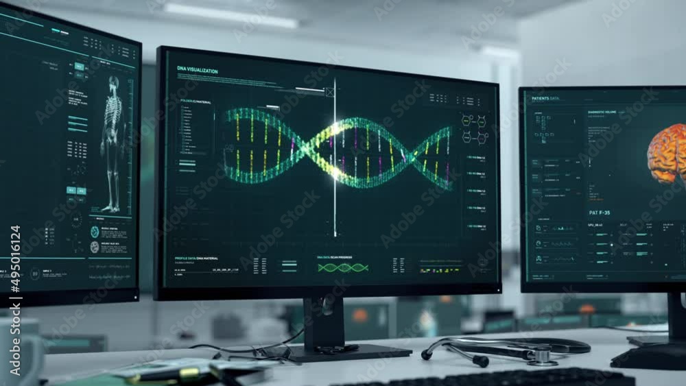 Modern scanner is examining the virtual dna helix for biotechnology ...