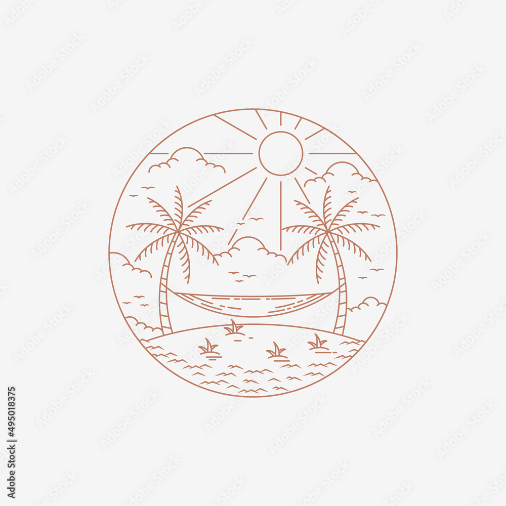 Summer beach in line style, beach on a tropical island, line art style ...