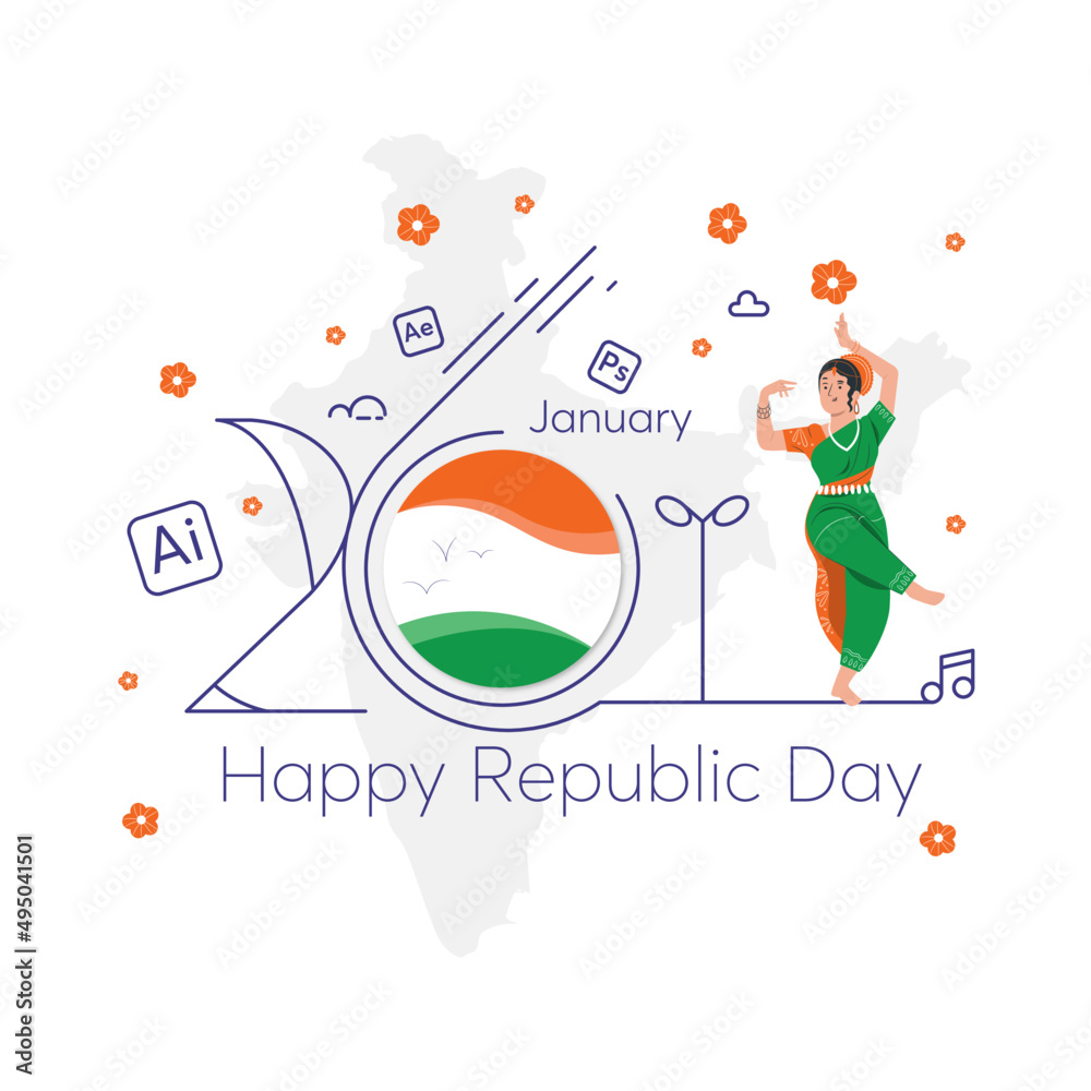 26 January, Set cards for Republic Day of India. Silhouette of people ...