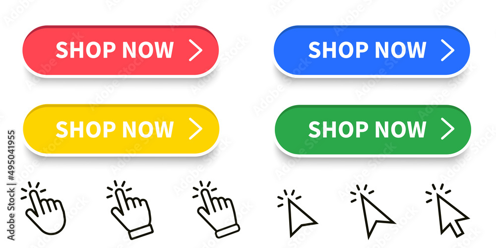 Shop now button with hand cursor set. Button hand pointer clicking ...