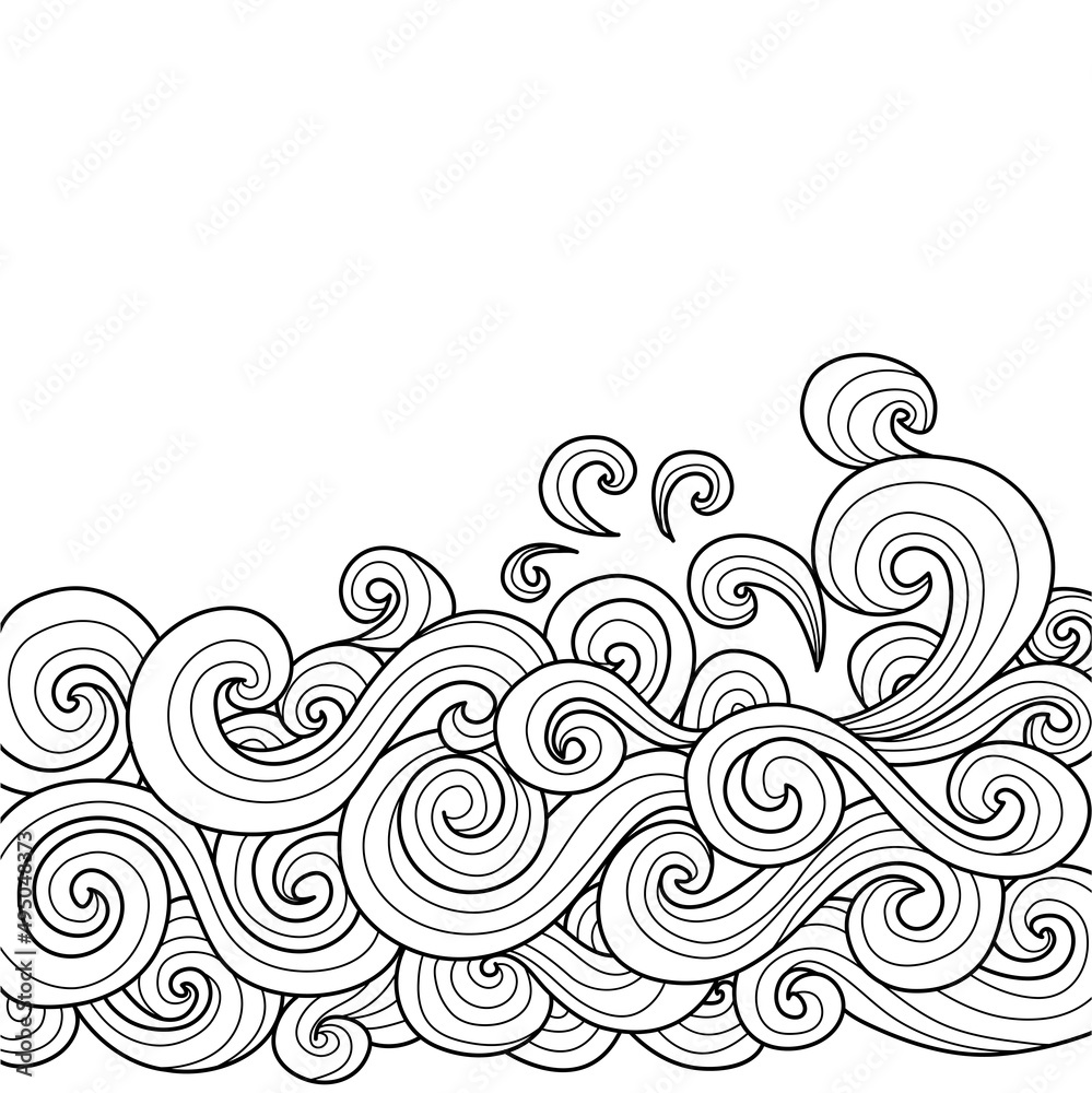 Hand drawn black contour lines of scrolling ocean wave. Stock vector ...