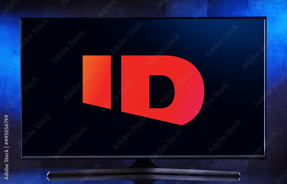 Flat-screen TV set displaying logo of Investigation Discovery Stock ...