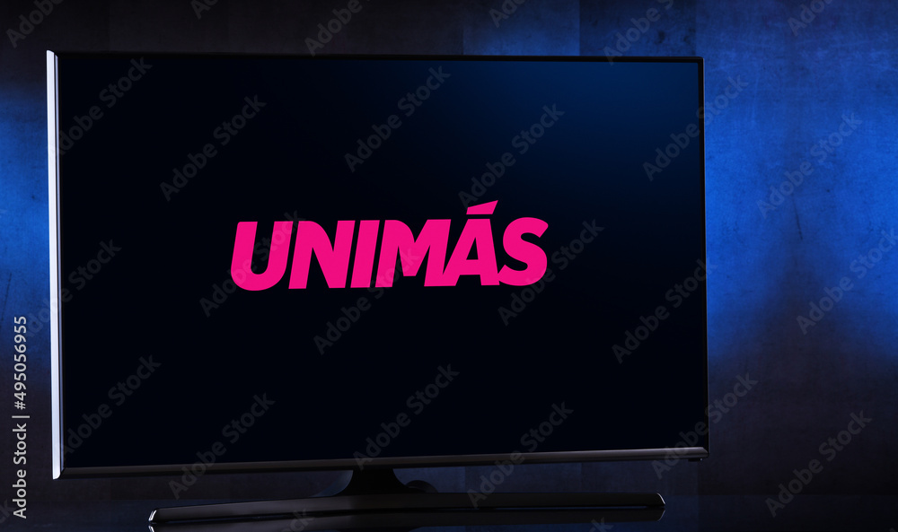 Flat-screen TV set displaying logo of UniMas Stock Photo | Adobe Stock