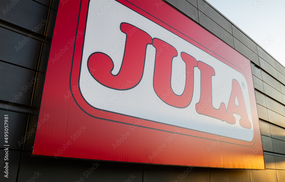 Jula department store logo sign. Multimarket shopping mall center on ...