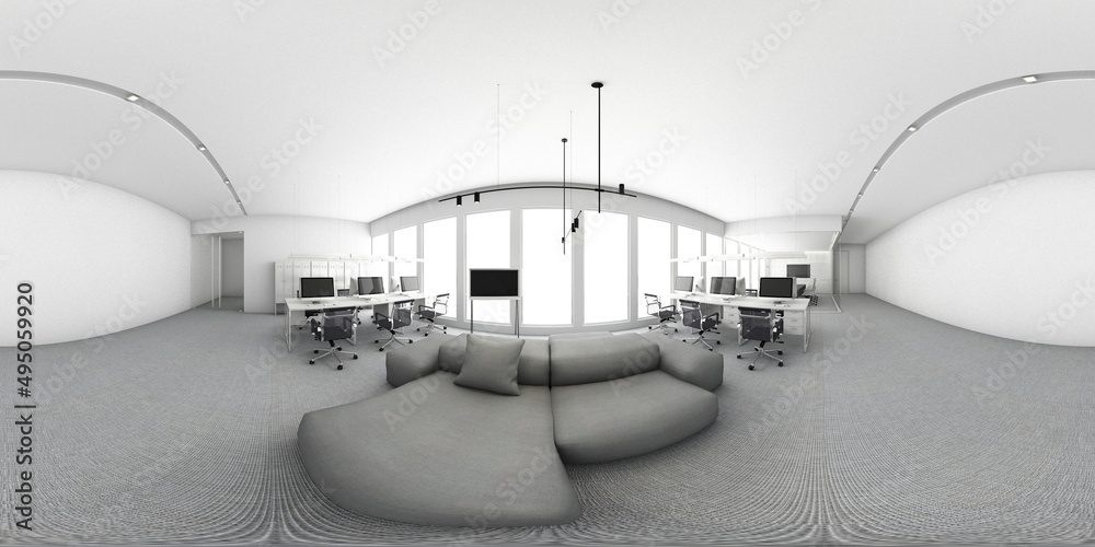 Contemporary spacious office room interior with city view and daylight ...