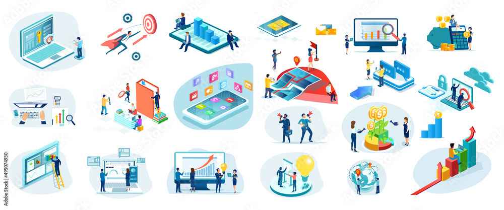 Vector business set of business people using modern technology to ... Vector business set of business people using modern technology to ...