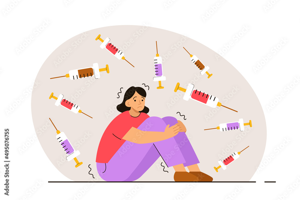 Scared woman surrounded by syringes. Person with trypanophobia. Phobia ... Scared woman surrounded by syringes. Person with trypanophobia. Phobia ...