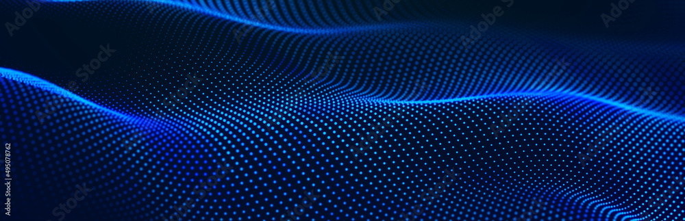 Particle stream. Blue wave background with many glowing particles ...