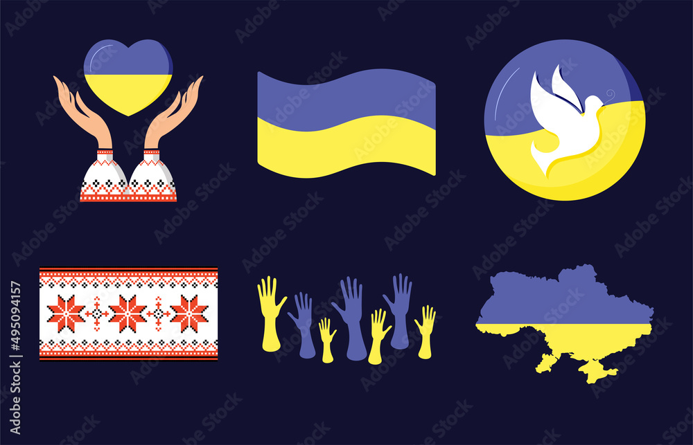 Ukrainian war related icon pack, six vector icons, support Ukraine ...
